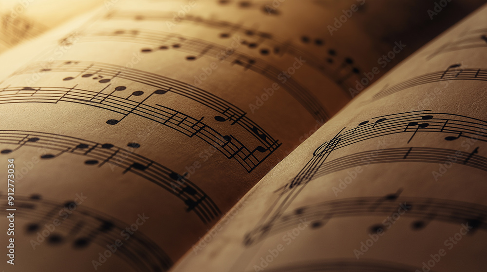 Open sheet music book with detailed musical notes illuminated by warm ...