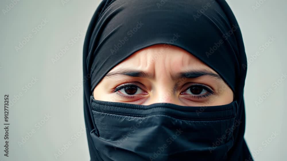 Woman in black niqab and hijab with concentrated expression. Concept ...
