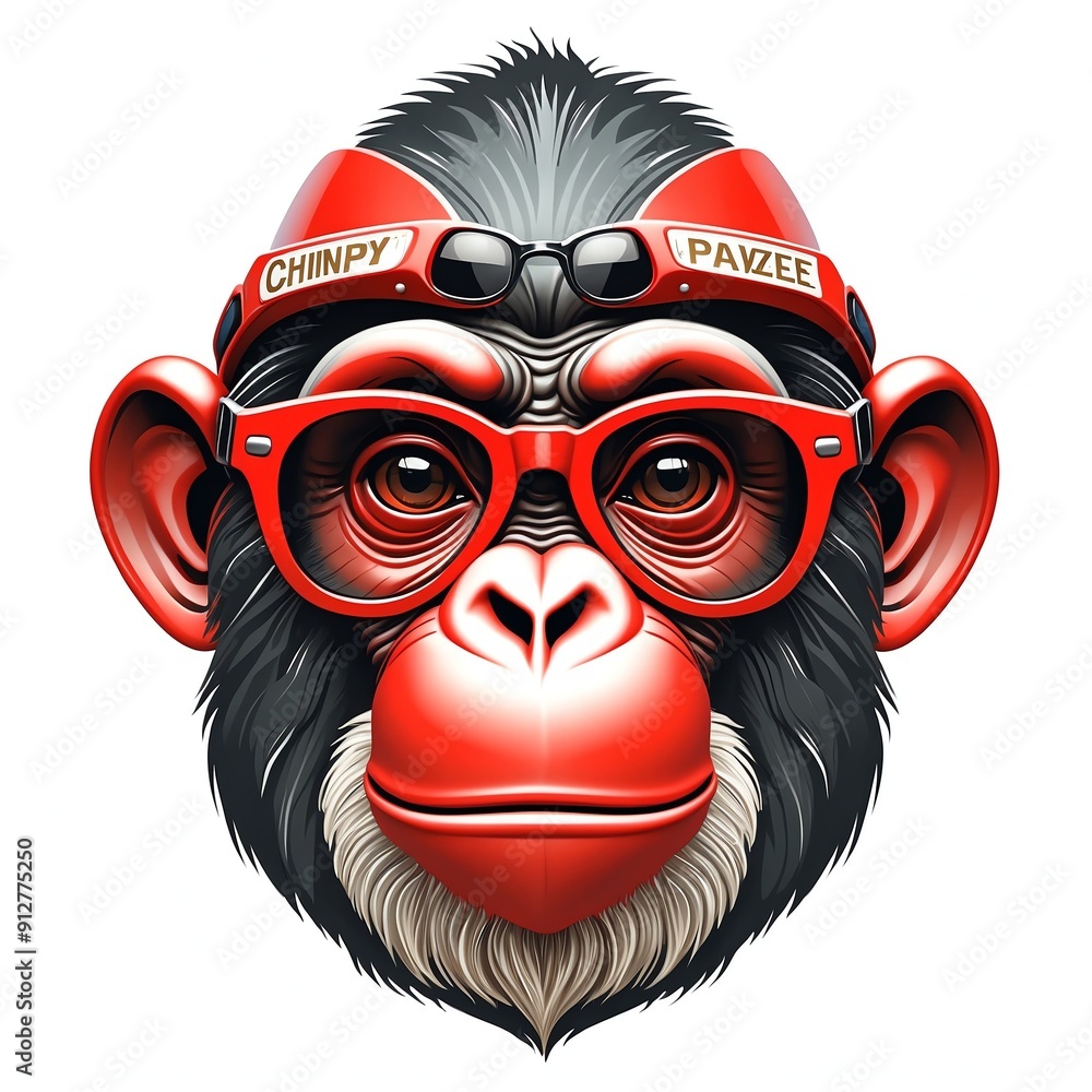 red theme chimpanzee head cartoon with sunglasses 3d art logo design in ...