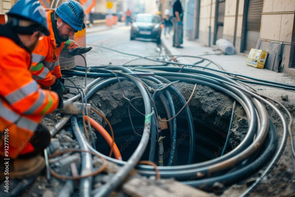 Workers in bright safety gear engaging in excavation and laying cables ...