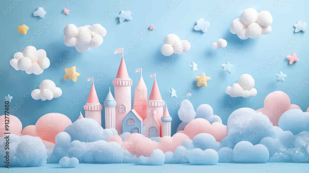 Whimsical fairy tale castle in a dreamlike, fantasy cloudscape with ...