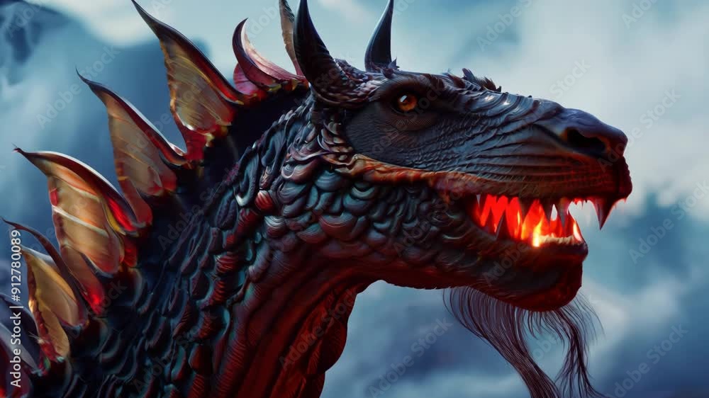 Red Chinese dragon breathes fire close up. Mythical creature from a ...