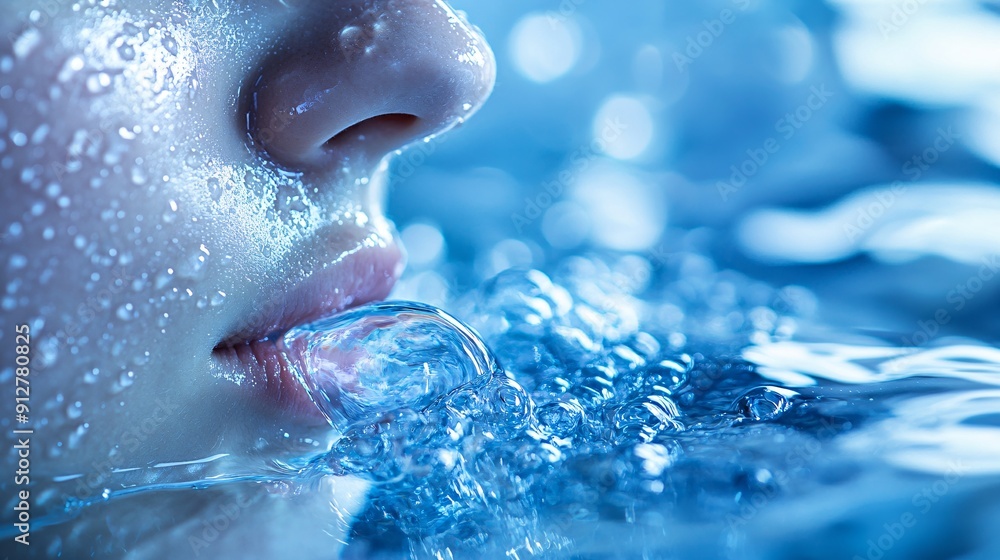 Mid-workout hydration a person sips water with sweat dripping down ...