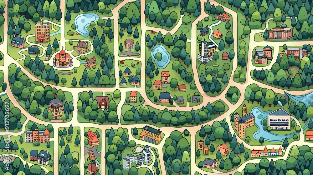 A detailed cartoon map of a fictional city with landmarks labeled ...