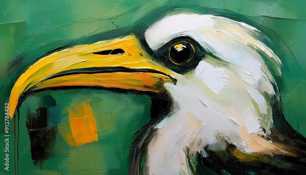 An abstract painting depicting the head and beak of a bird. The bird ...