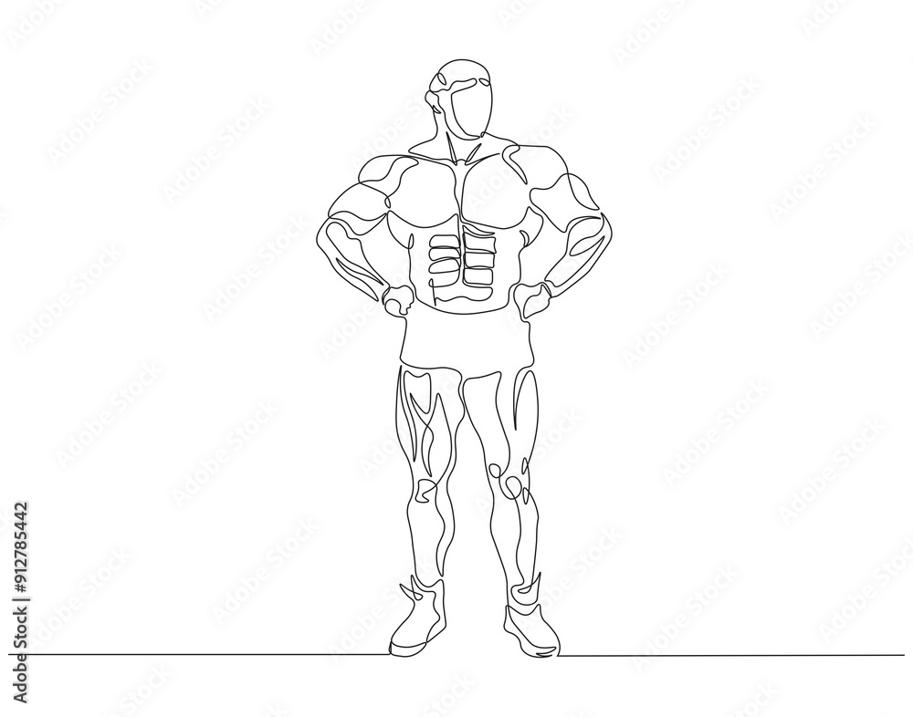Continuous one line drawing of bodybuilder posed. One line drawing ...
