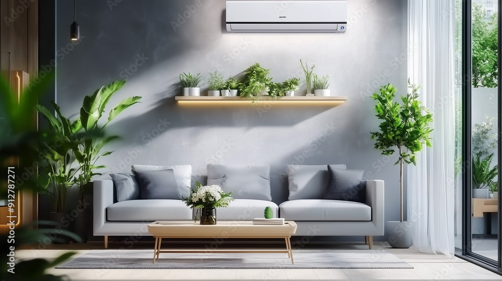 A modern living room featuring an air conditioner on the wall, a grey ...