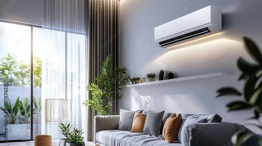 A modern living room featuring an air conditioner on the wall, a grey ...