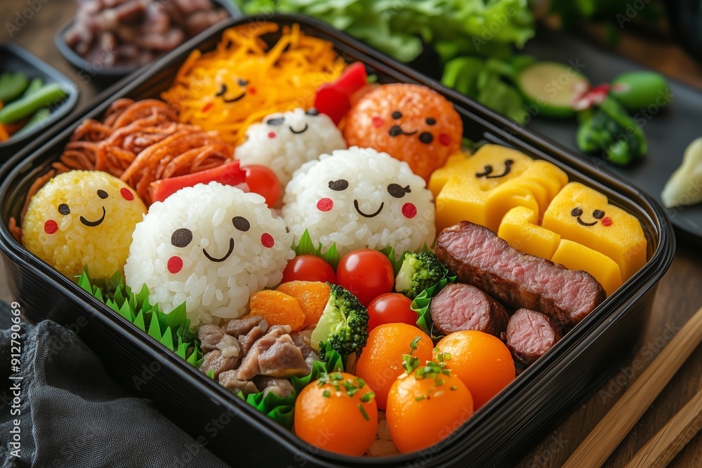 Colorful bento box with adorable rice ball characters, fresh vegetables ...
