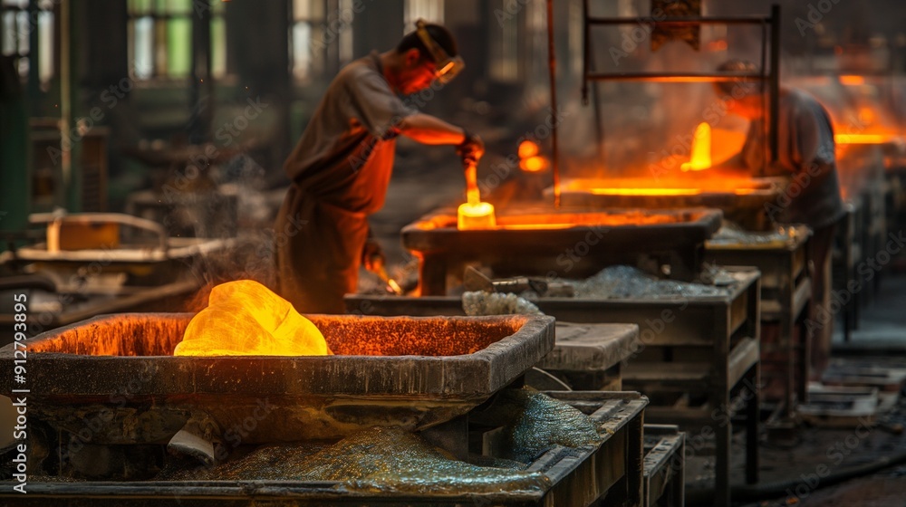 glass factory with furnaces melting sand and other raw materials into ...