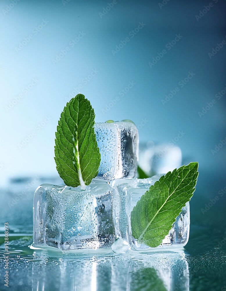 ice cube podium with fresh leaves as the main theme. A combination of ...