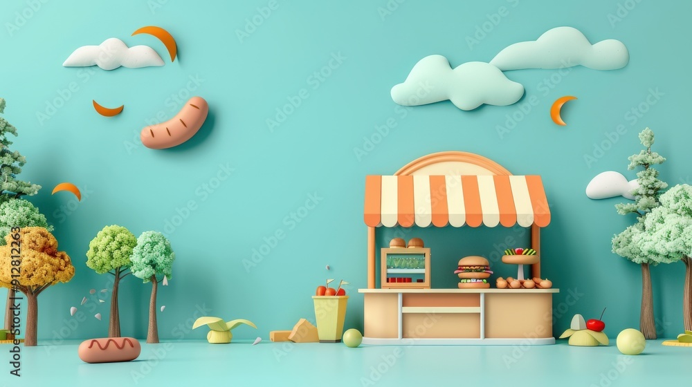 3D cartoon food stand with a burger, hotdog and clouds against a blue ...