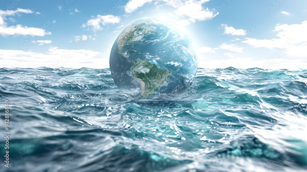 Abstract visual of Earth partially submerged in ocean waves. Concept of ...
