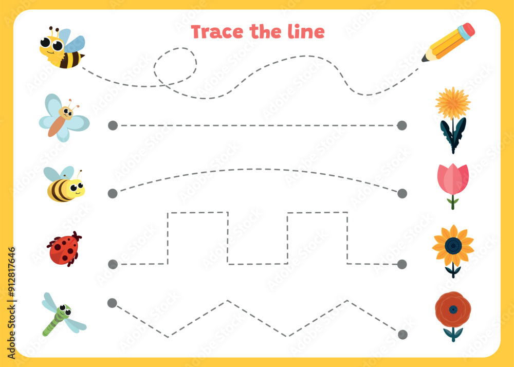 Trace line page game for kids with zig zags bugs and flowers.Preschool ...