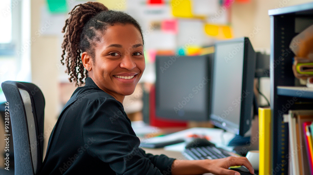 Happy Female Office Worker at Desk Stock-Foto | Adobe Stock