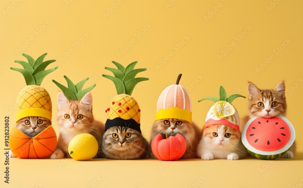 Japanese ad for cute cat hats shaped like different fruits, Each fruit ...
