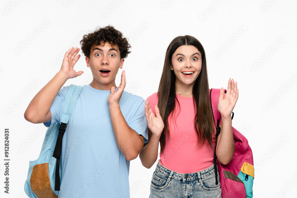 Amazed surprised socked two diversity high school pupils students ...