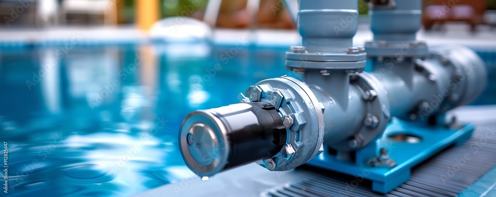 Pump circulating water in a residential swimming pool, backyard setting ...