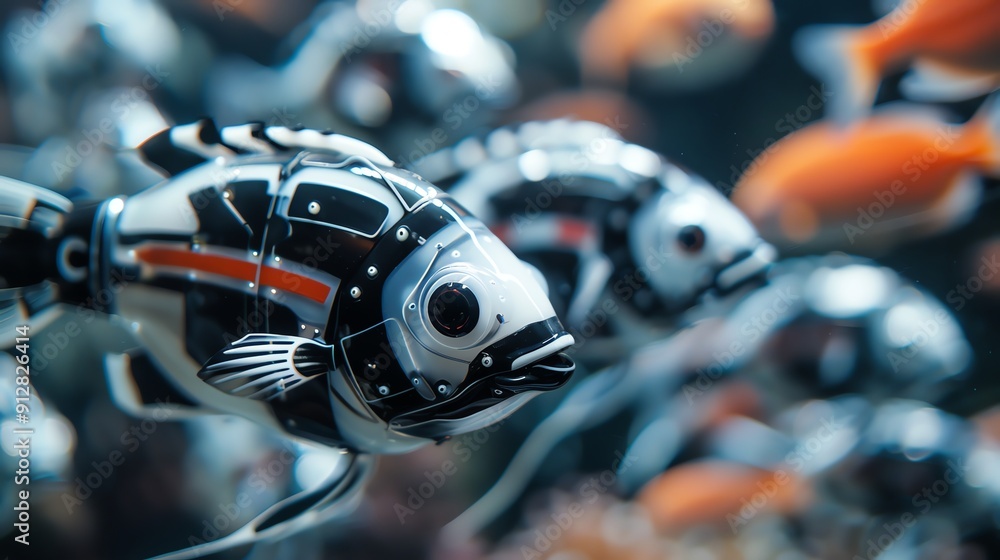 Robotic fish swimming in an aquarium, futuristic display Advanced and ...