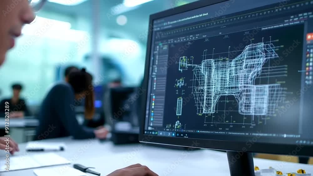 A close-up of a student designing a 3D model on a computer using CAD ...