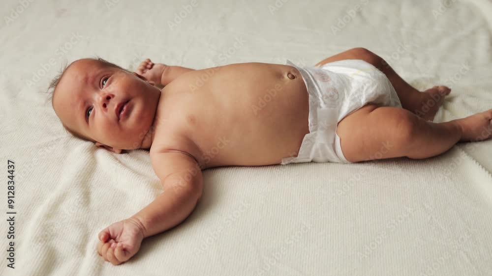 Newborn sick baby or girl lying on white blanket in only diaper feeling ...