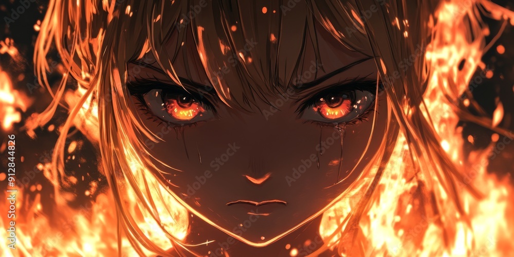 Intense Anime-Style Portrait: Fierce Female Character with Piercing ...