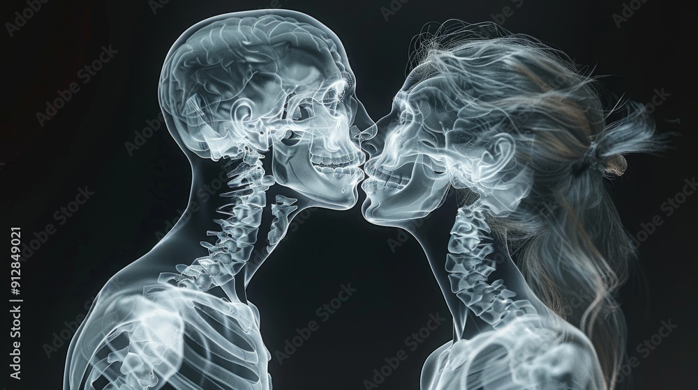 X-ray style illustration of couples kissing with exposed skeletal ...