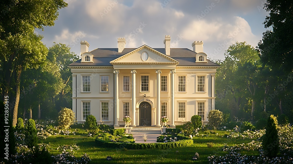 Regency style british house.A stunning, stately mansion surrounded by ...