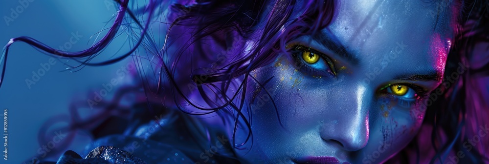 Female vampire with deep blue skin purple hair and bright yellow eyes ...