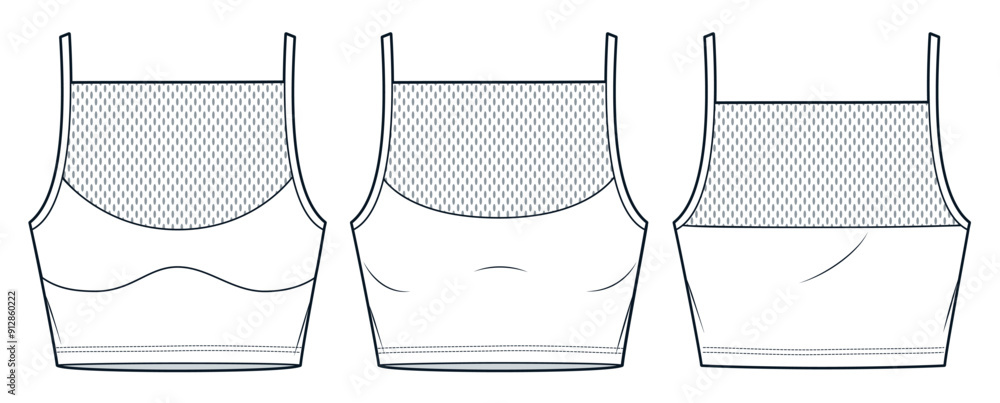 Mesh Crop Top technical fashion illustration. Sports Bra fashion flat ...