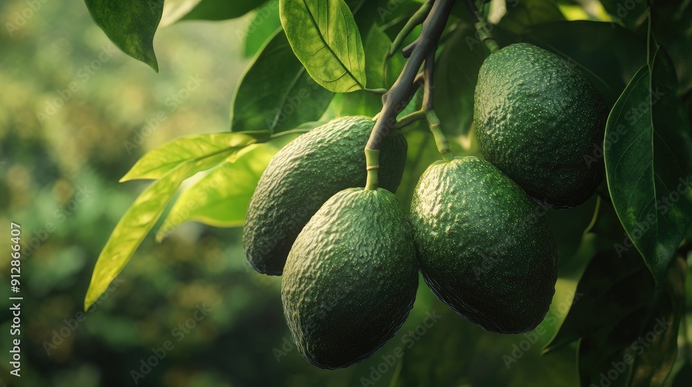 Detailed view of avocados growing on a tree, showcasing their smooth ...