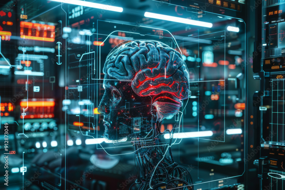 Cybernetic brain interface showing decreasing neural activity ...
