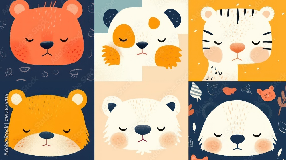 ภาพประกอบสต็อก Cute animal face patterns with pastel color palette ...