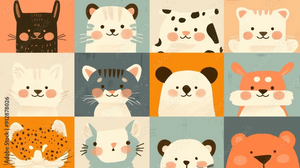 Cute animal face patterns with pastel color palette, simple shapes and ...