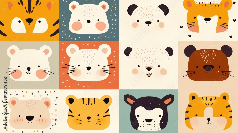 Cute animal face patterns with pastel color palette, simple shapes and ...