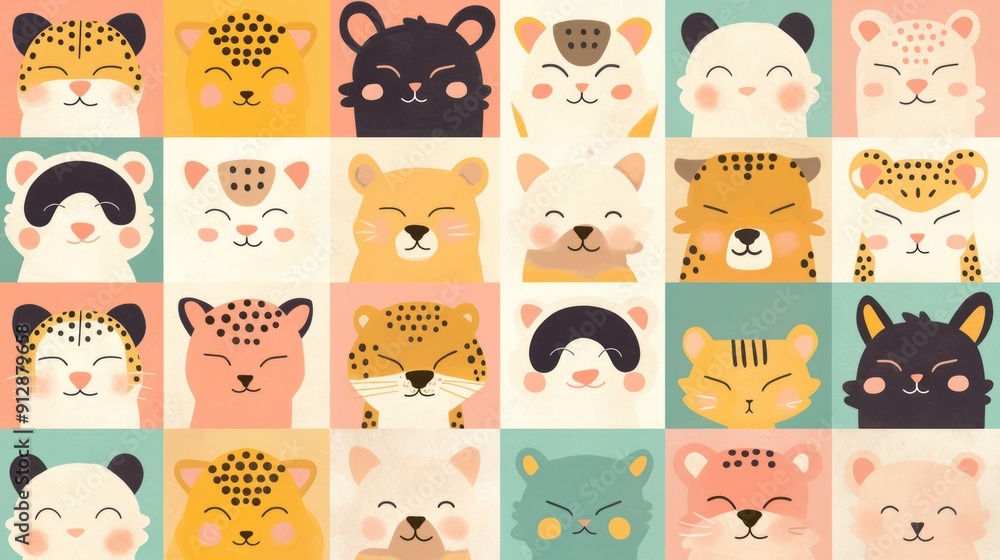 Cute animal face patterns with pastel color palette, simple shapes and ...