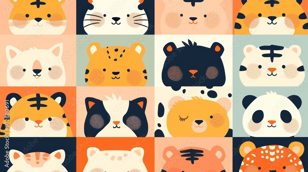 Cute animal face patterns with pastel color palette, simple shapes and ...