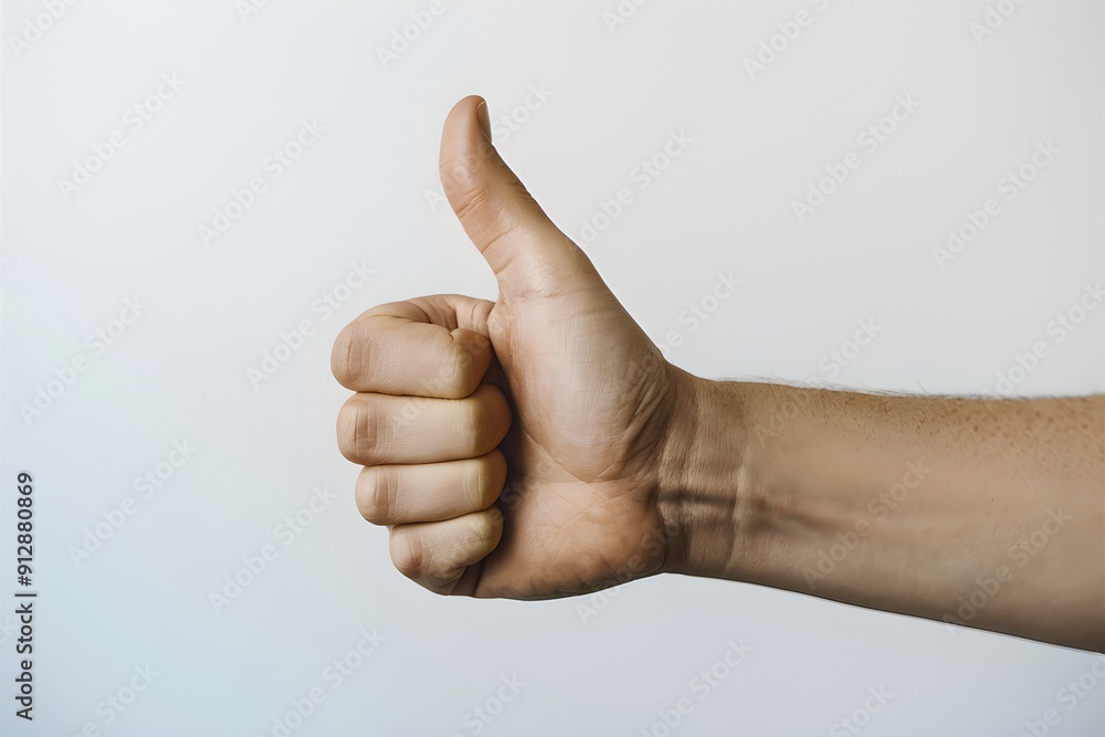 Human hand giving thumbs up gesture, plain white background focuses on ...