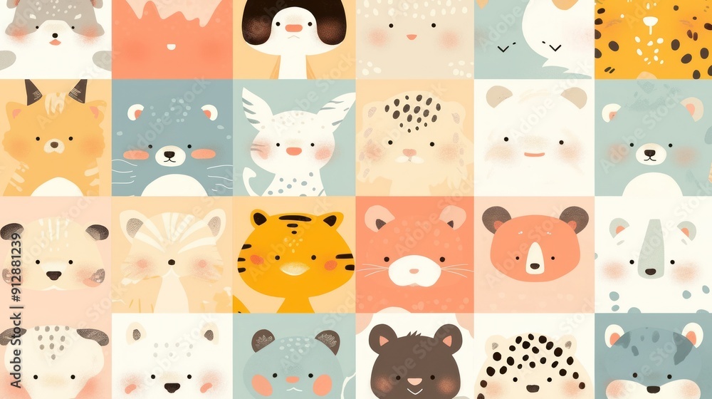 Cute animal face patterns with pastel color palette, simple shapes and ...