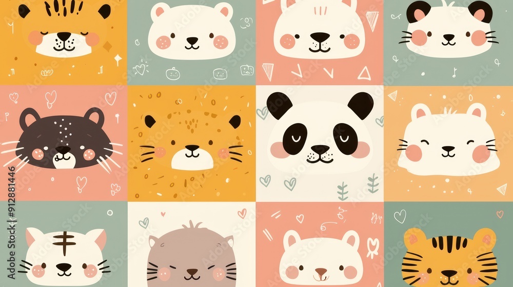 Cute animal face patterns with pastel color palette, simple shapes and ...