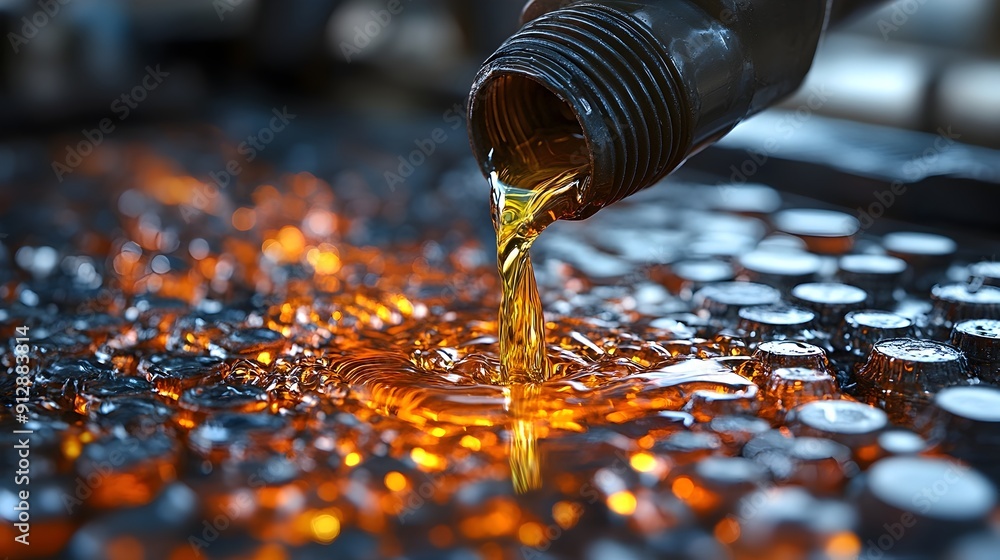 Flowing motor oil spill on surface with splashes and puddle formation ...