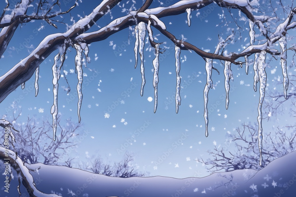 Frosty Enchantment: Animated Snow Scene with Icicles Dripping from Bare ...