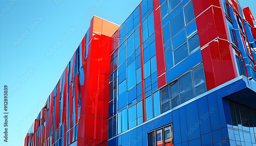 The red and blue facades of modern buildings show a unique artistic ...