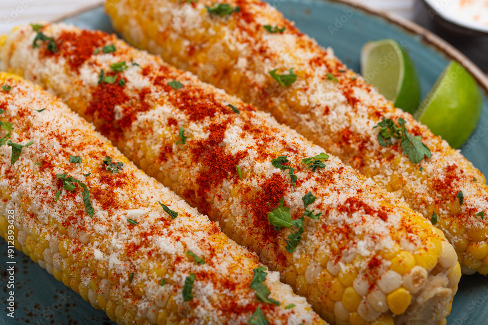Elotes are a popular mexican street food dish featuring grilled corn on ...