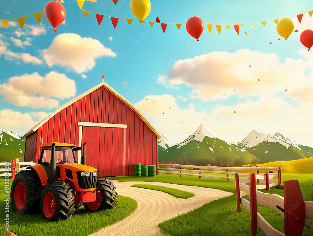 A charming 3D farmyard birthday party background with barns, tractors ...