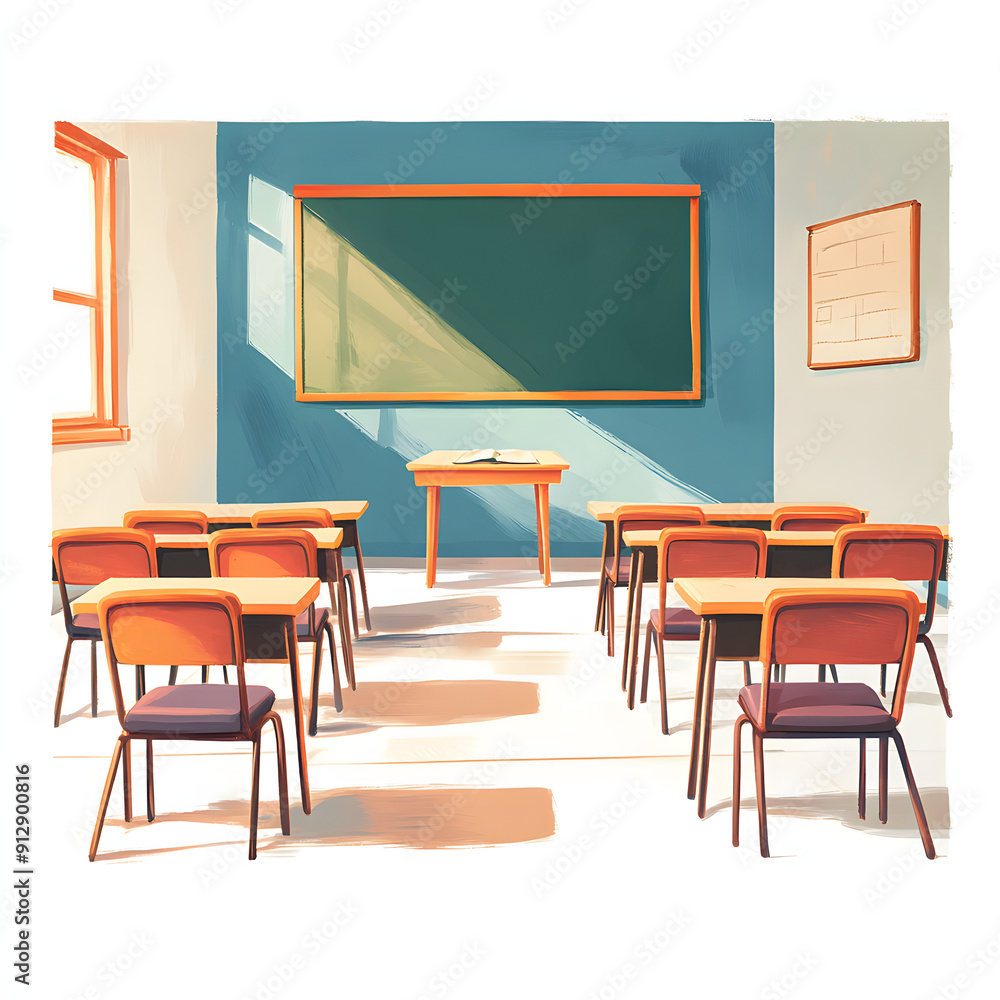 empty school classroom without young student. blurry view of elementary ...
