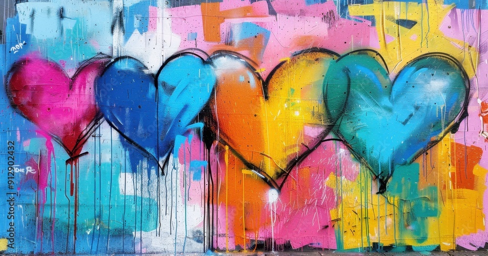 A vibrant street art mural depicting heart shapes in various colors, in ...