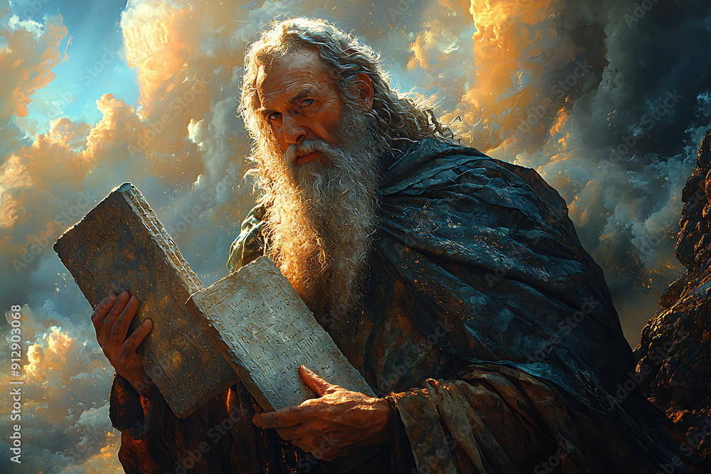 A dramatic scene of Moses holding the stone tablets of God atop Mount ...