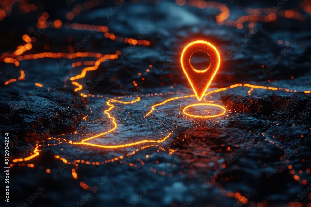 3d rendered map with glowing location pin hovering above topographical ...