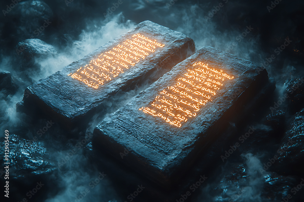 Two stone tablets that God gave to Moses, depicted on a dark background ...